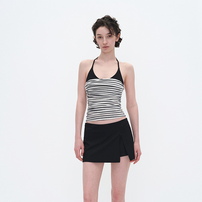 EMPTY PAGE夏季假两件蓝白条纹羊毛混纺拼接挂脖弹力修身背心