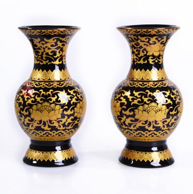 佛堂用品 黑瓷描金莲花瓶 佛具供花瓶 献花贡花瓶