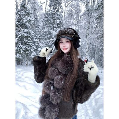 AZZHEN【摩卡黑巧】整皮兔毛皮草原色复古毛毛皮草外套