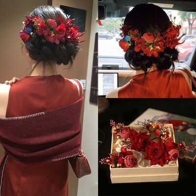 头花头饰发饰2026新款复古中式新娘红色花朵结婚仿真敬酒旗a00078