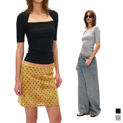 五分袖复古优雅方领短袖T恤