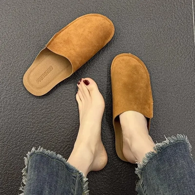 磨纱包头半拖鞋女批夏季新款软皮懒人鞋复古平底软底凉拖鞋女