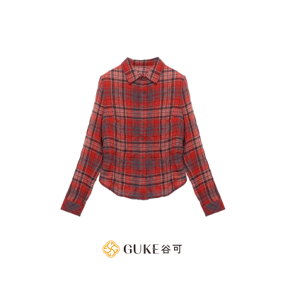 GKE谷可C5017休闲风格纹衬衫女长袖修身纯棉防晒衬衣红黑格复古