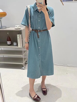 长款牛仔衬衫连衣裙女3335