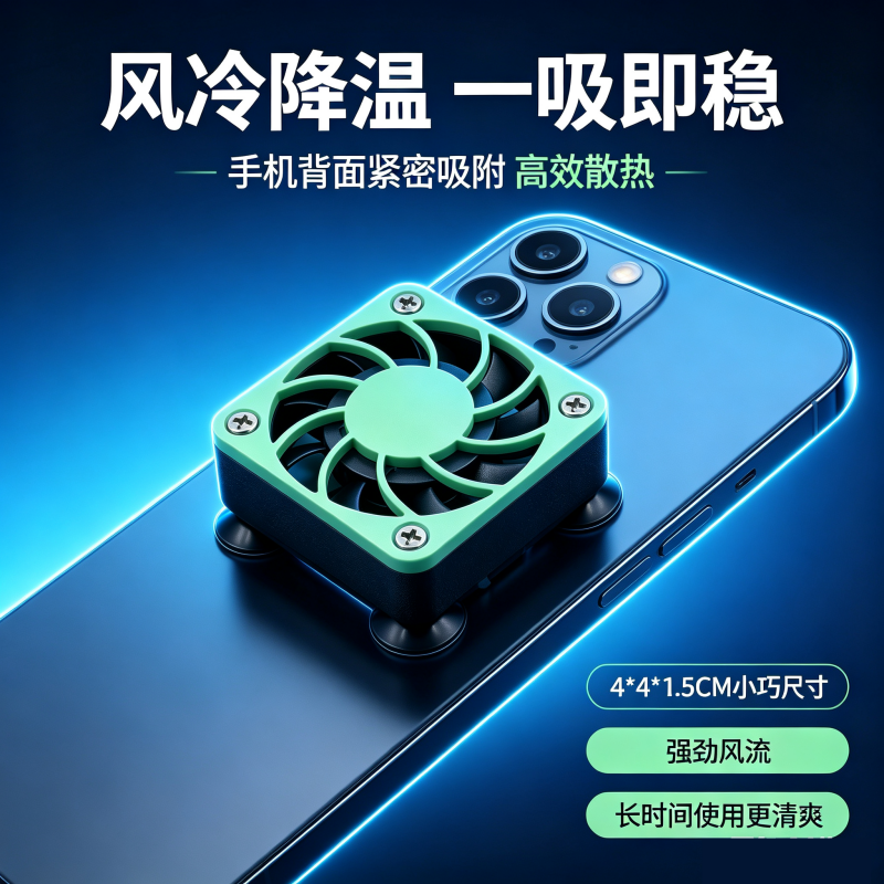 背吸式手机散热风扇绿色吃鸡游戏专用4cm迷你风冷降温手机散热器