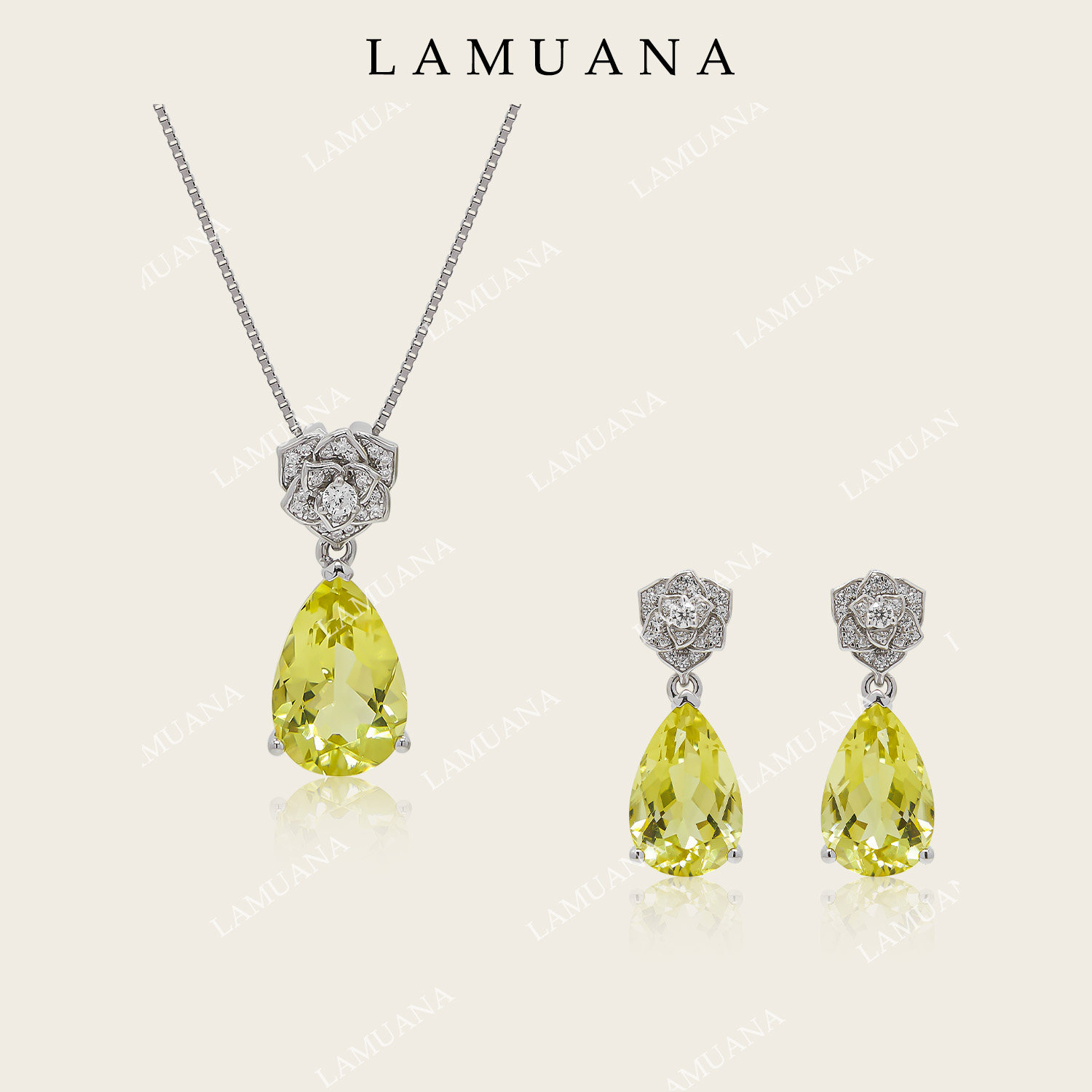 LAMUANA【天然彩宝】玫瑰龙井茶轻奢柠檬水晶S925耳钉项链16637