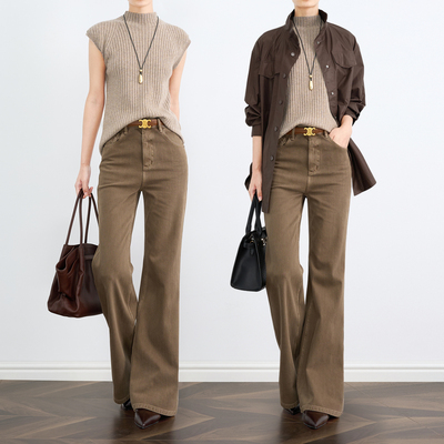 巧棕色超模微喇牛仔裤女修身显瘦