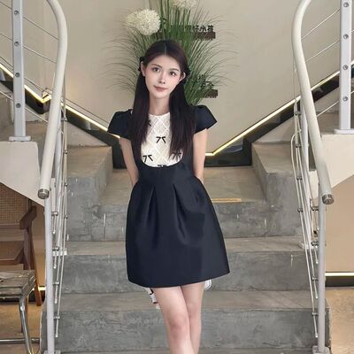 法式千金赫本风蝴蝶结拼接收腰礼服短款连衣裙GFC1050975