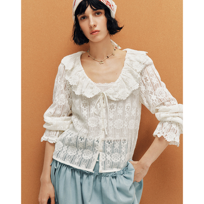 法式复古荷叶边系带宽松衬衣