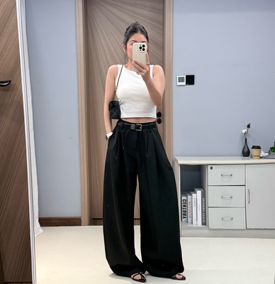 DY2701 夏2026高腰配腰带减龄百搭纯色弯刀宽松垂感阔腿裤西裤女M