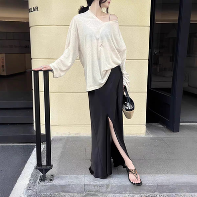 GRACETINA HOO｜法式简约通勤｜亚麻混点V领长袖宽松T恤衫女春秋