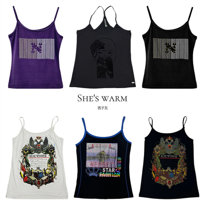 90s辣妹街头26夏时尚休闲复古嬉皮字母印花烫钻短款背心吊带女