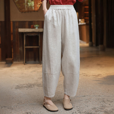 新中式苎麻棉九分灯笼裤女