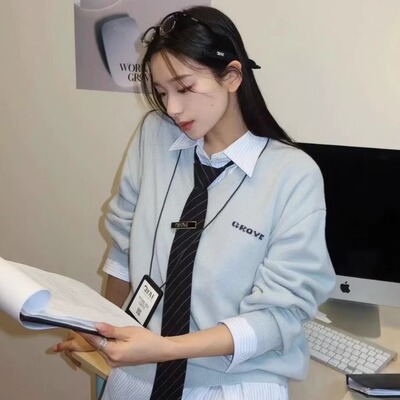 韩国代购GROVE毛衣纯色V领针织衫