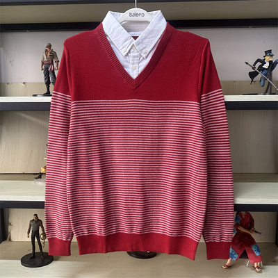 班尼路秋冬男装简约潮假两件衬衫领拼接条纹纯棉针织毛衣88905101