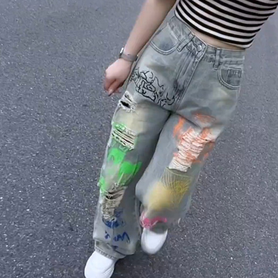 时尚个性涂鸦破洞牛仔裤女夏季新款宽松显瘦阔腿裤洋气百搭直筒裤