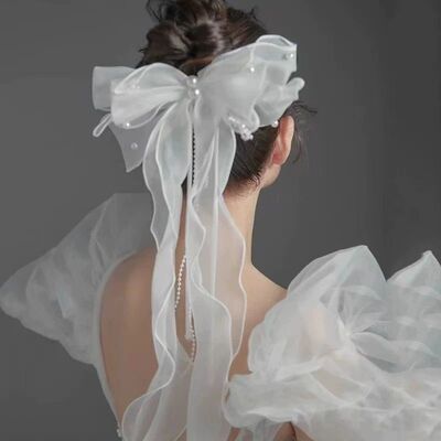 Bride White Veil Hair Clip Exquisite Sweet Pearl Bow Headban