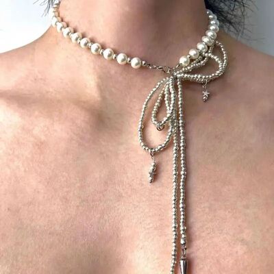 Punk Imiaion Pearl Bow Bowkno Necklace for Women Men Hiphop