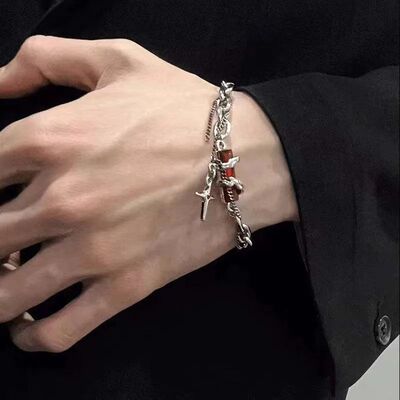 Punk Red Zircon Star Bracelet for Women Men Vintage Silver C
