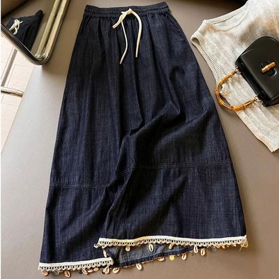 Women's Lace Trim Denim Skirt Drawstring Waist A-Line Soild