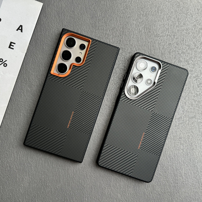 适用三星S25U/S24U碳纤维纹磁吸手机壳S23U金属个性撞色硬壳Galaxy S25Ultra高档简约防摔保护套