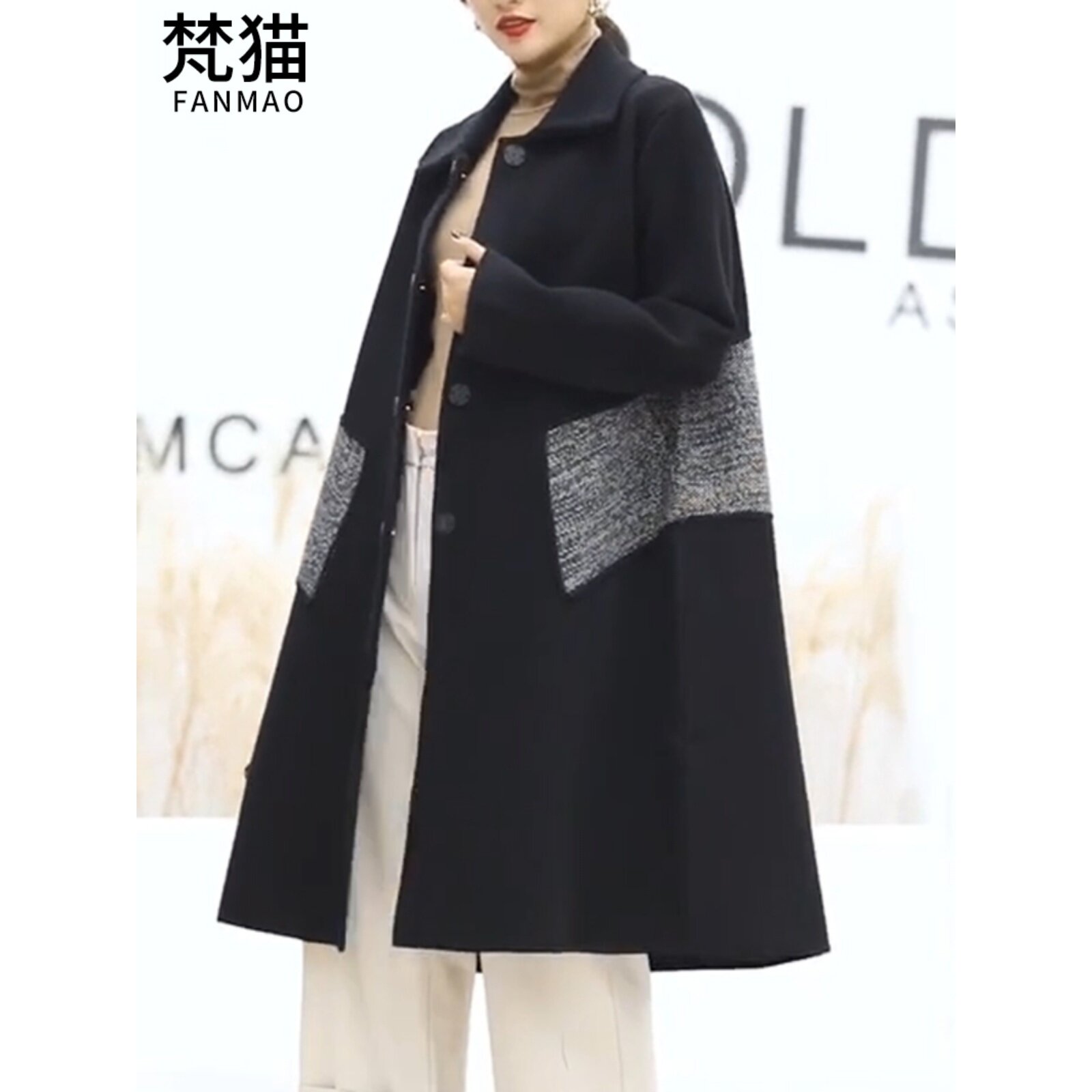 梵猫女中长款2022新款赫本风宽松显瘦黑色呢子大衣洋气毛呢外套冬