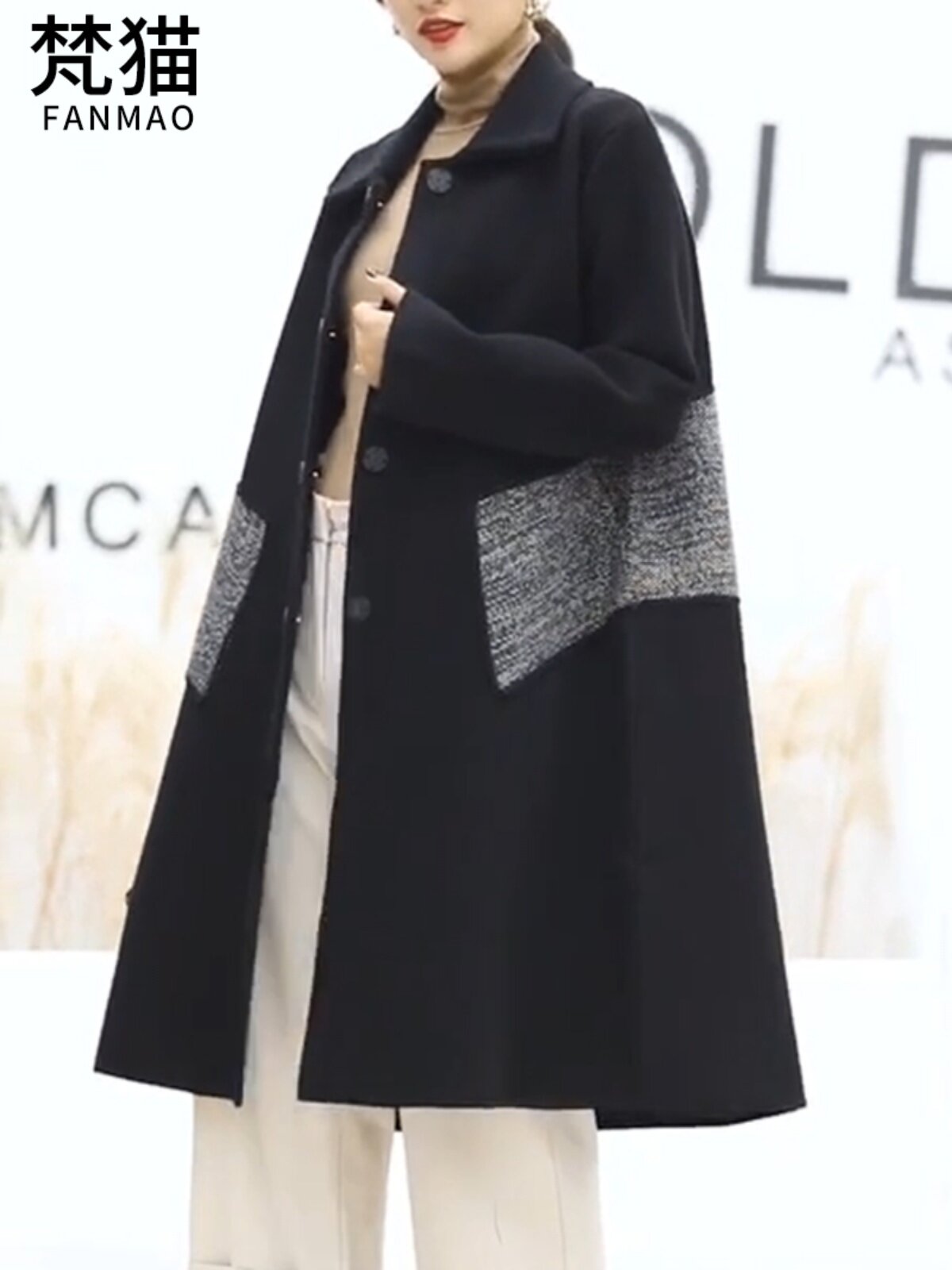 梵猫女中长款2022新款赫本风宽松显瘦黑色呢子大衣洋气毛呢外套冬