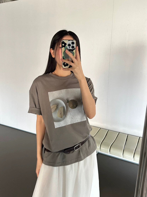 imfact韩国东大门2025夏款复古水果印花百搭圆领宽松短袖T恤