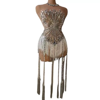 Folk Dance  show Rhinestones Sequins Fringes Leotard for Wom