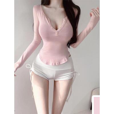 现货~51STUDIO自制紧身长袖半开领T恤女修身收腰打底衫上衣