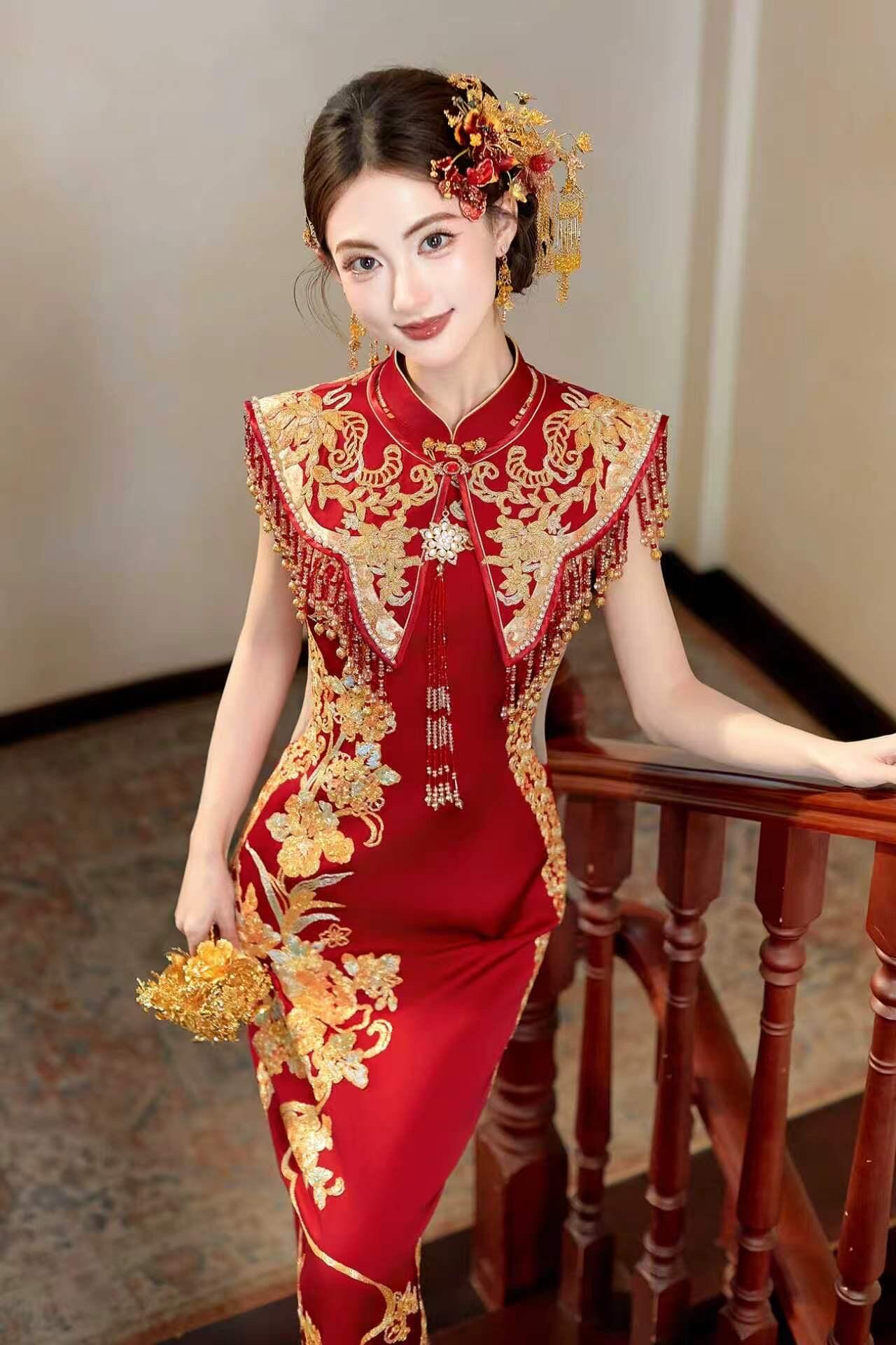 出租新中式红色旗袍敬酒服新娘订婚礼服龙凤褂秀禾服刺绣男女全套