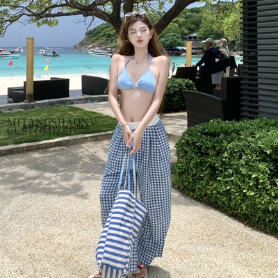 少女松弛感多巴胺蓝格子裤比基尼