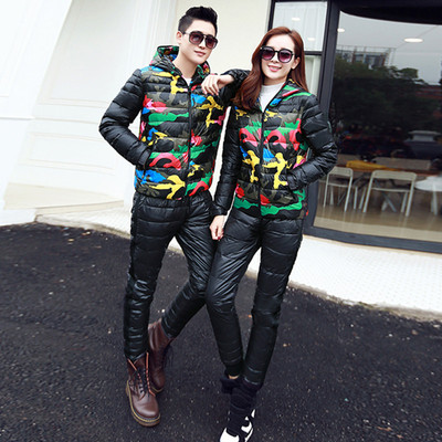 男女超轻大码印花羽绒服套装运动