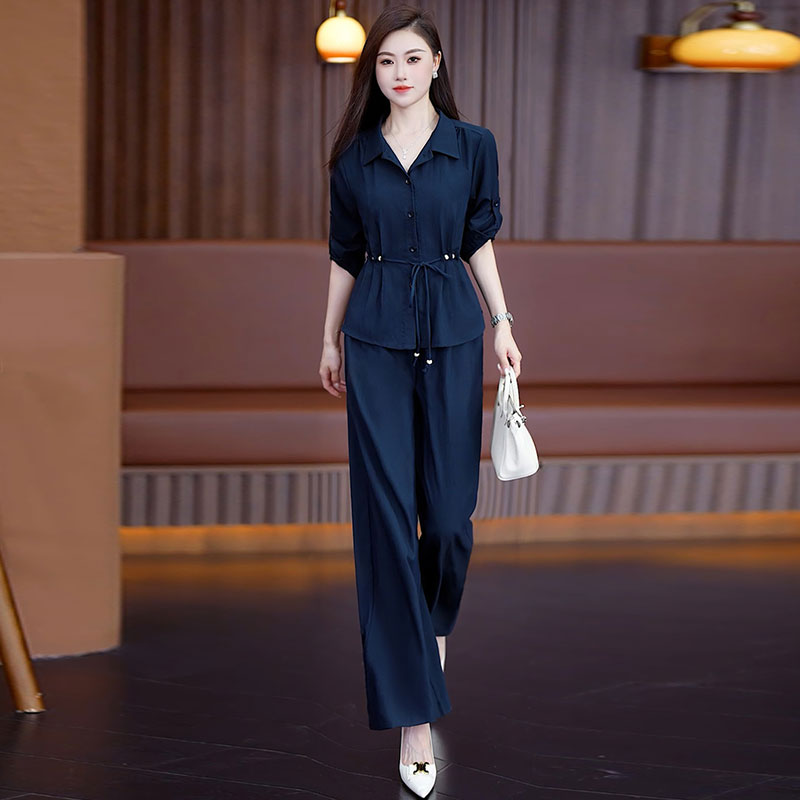早秋时尚套装女2025新款洋气质收腰显瘦长袖衬衫阔腿裤子两件套装