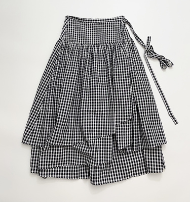 26春夏新款 日系小众复古格子全棉荷叶边一片式绑带层次半身裙女