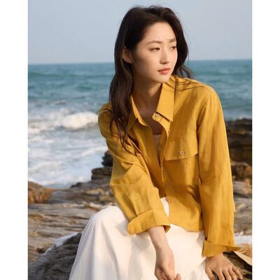 26春季新款翻领双口袋亚麻长袖衬衫宽松显瘦百搭工装风衬衣25886