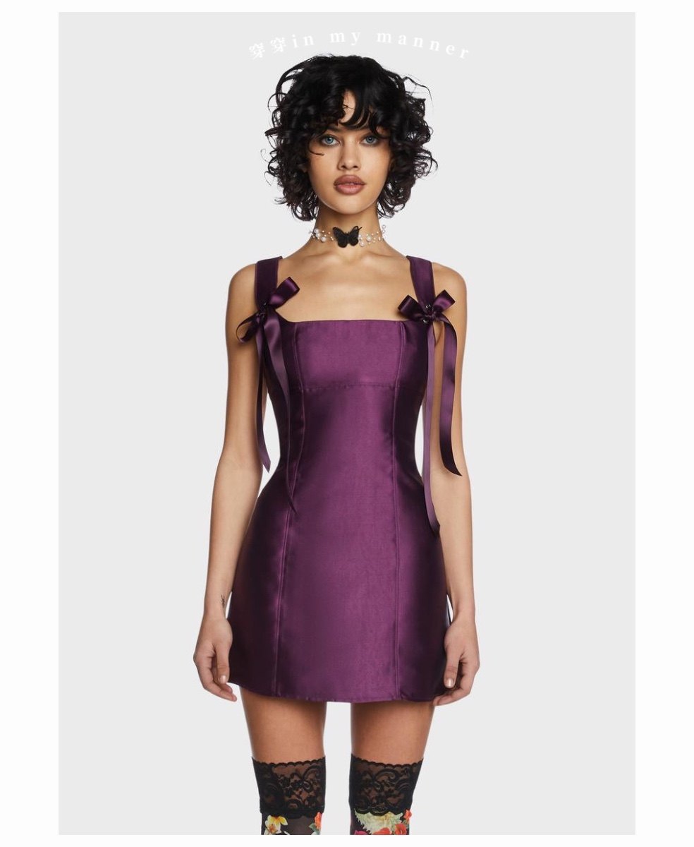 DollsKill紫色缎带欧美短连衣裙收腰紧身甜美小众女Current Mood_虎窝淘