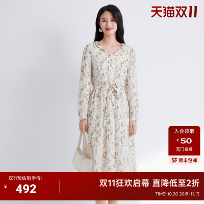 JESSIE秋季长袖收腰连衣裙女印花中长裙茶歇法式碎花通勤风女裙