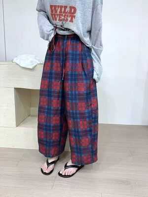 欧货9713红蓝格子九分阔腿裤女松紧腰宽松休闲裤亚麻质感气球裤夏