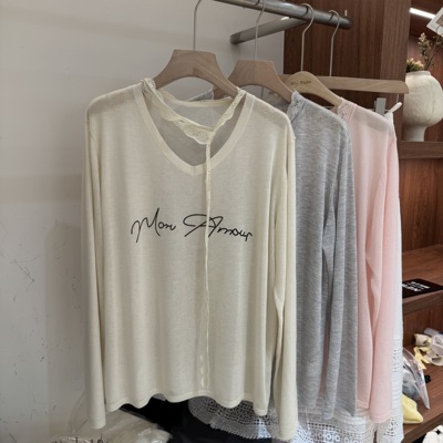 欧洲站2026夏季新款欧货精品女时尚V领蕾丝飘带字母长袖上衣8189