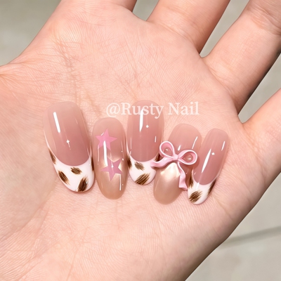 纯欲豹纹法式蝴蝶结猫眼手工美甲