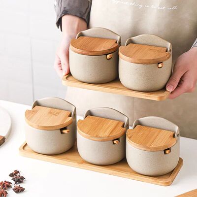 Japanese Ceramic Seasoning Jar Set Bamboo Lid Spice Jar with