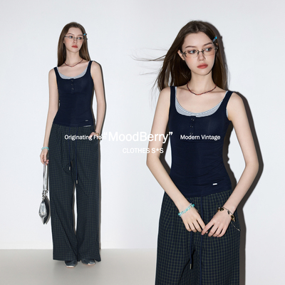MoodBerry美式复古假两件撞色条纹吊带背心女夏季U领修身显瘦上衣