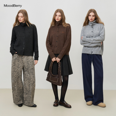 MoodBerry 美式复古羊毛混纺立领开衫毛衣女秋冬纽扣针织长袖上衣