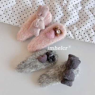 韩系ins甜美粉色小熊蝴蝶结掰掰夹精致可爱毛呢碎发夹侧边夹发饰