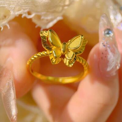 双层蝴蝶戒指花蝶梦沙金指环小众