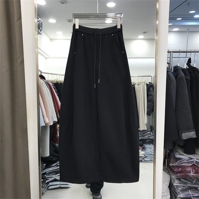 3R3正版3787春季抽绳松紧腰纯色高级感宽松阔腿卫裤弯刀裤休闲裤