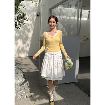 韩版波点蕾丝花边高腰半身裙中裙