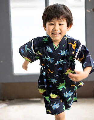 补货 80-130 日单贵牌 ks 男童纯棉恐龙车浴衣甚平家居服日本原单