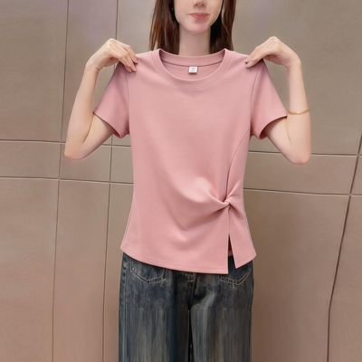 2026夏季新品粉色圆领短袖t恤女